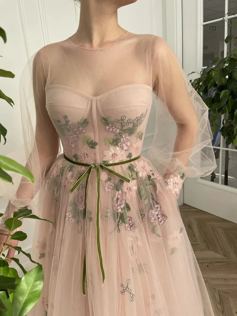 A Line Long Sleeve Prom Dresses With Floral Embroidery Long Formal Dre