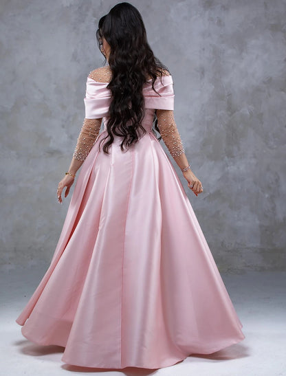 A Line Evening Gown Elegant Dress Formal Prom Floor Length Short Sleev