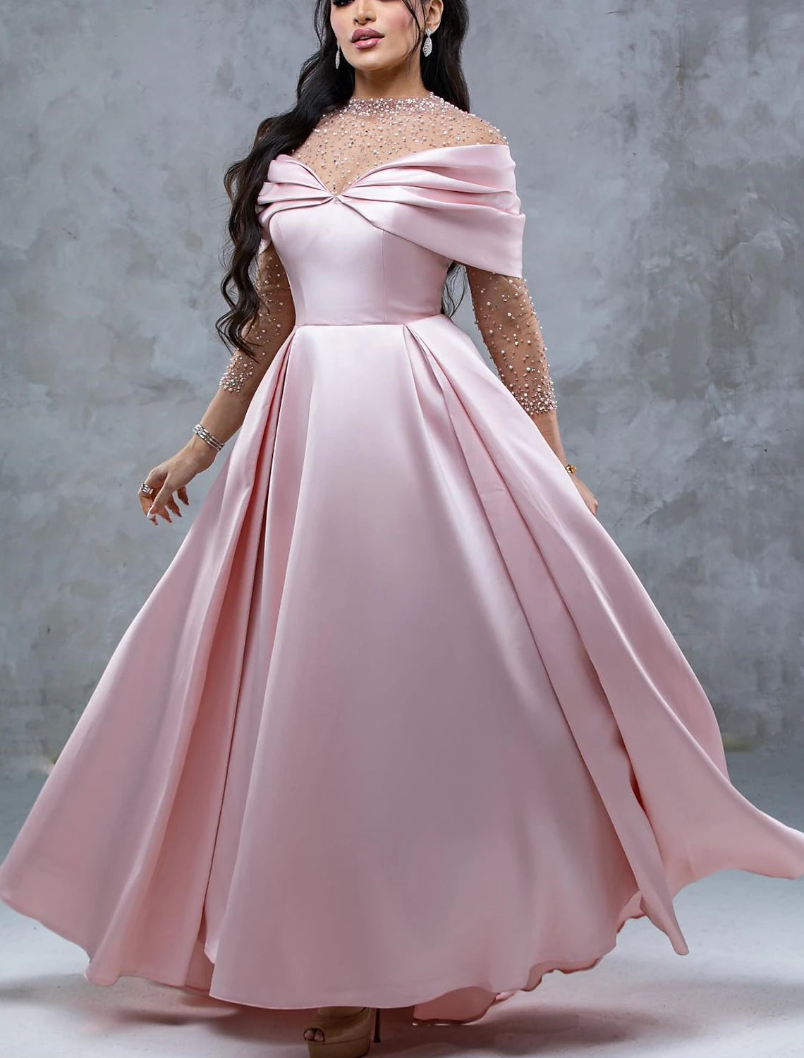 A Line Evening Gown Elegant Dress Formal Prom Floor Length Short Sleev