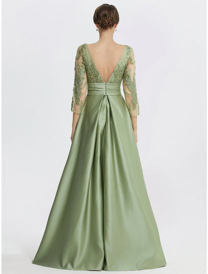 A Line Evening Gown Elegant Dress Formal Floor Length 34 Length Sleev